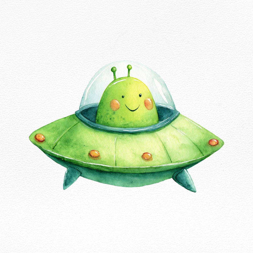 Cute Alien UFO Clipart PNG – Green Spaceship Illustration for Kids Room ...