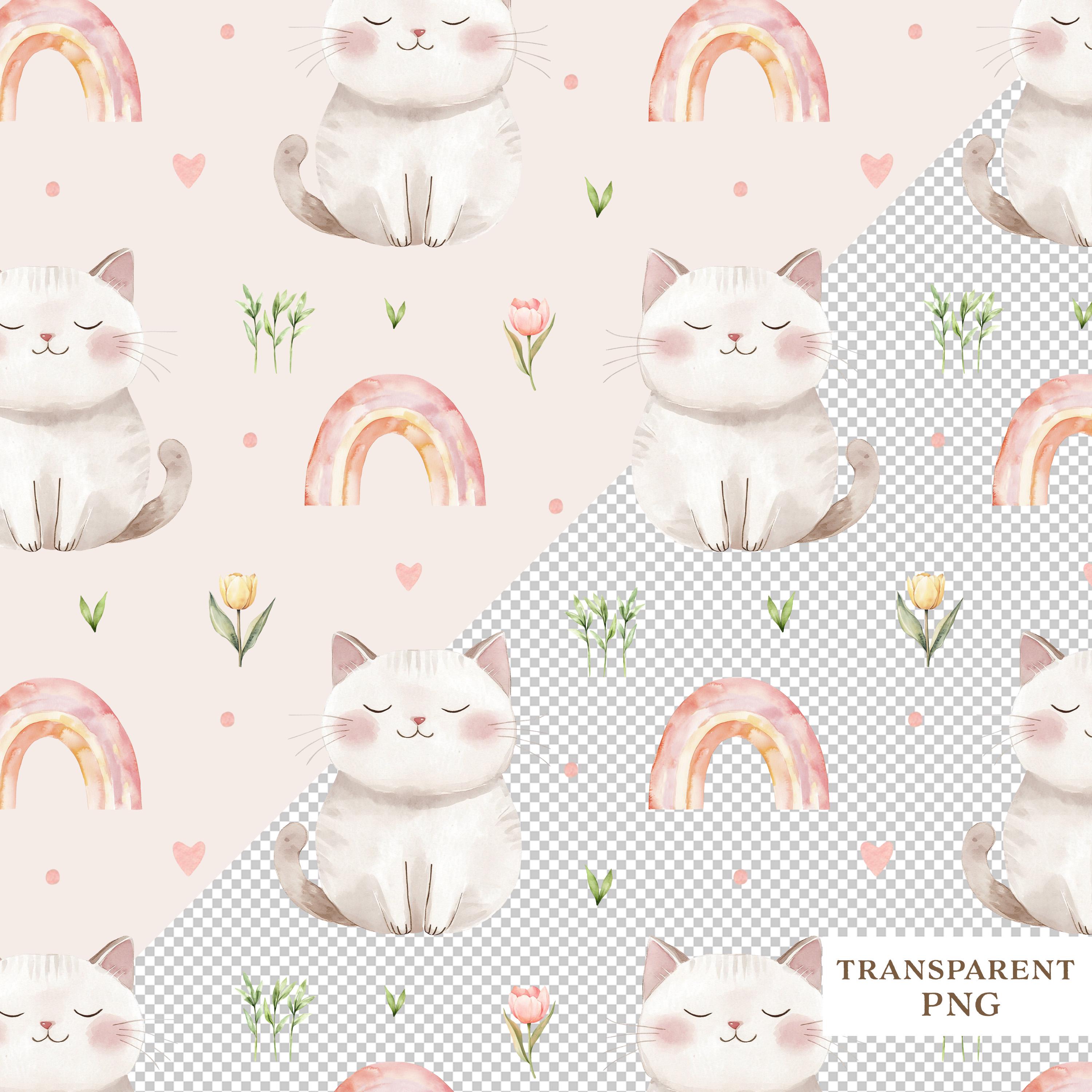 Cute Watercolor Cat Seamless Pattern, Rainbow Floral Digital Paper ...
