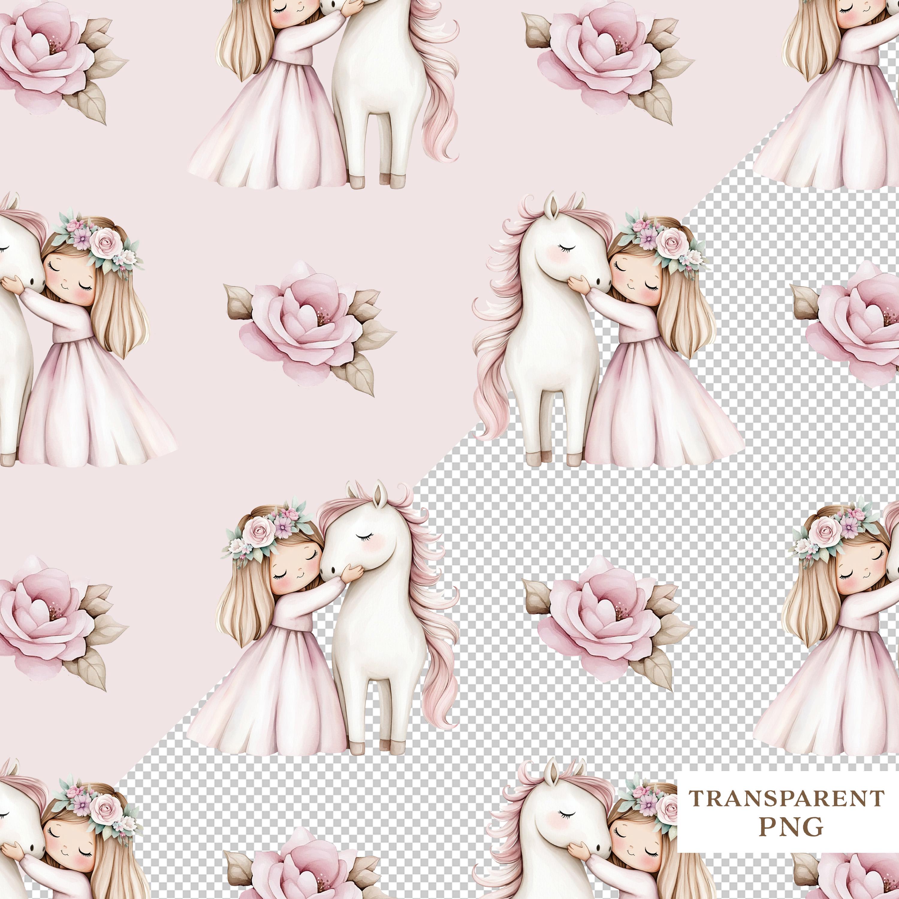 Seamless Watercolor Girl and Cute Horse Pattern, Digital Download ...