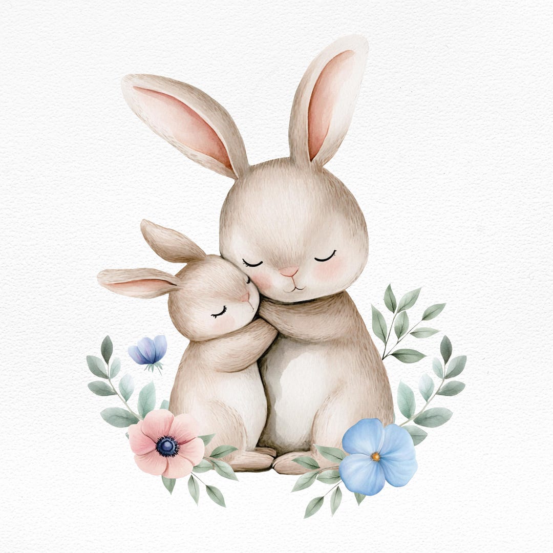 Mama Bunny Clipart, Watercolor Rabbit Clipart, Cute Baby Bunny Clip Art ...
