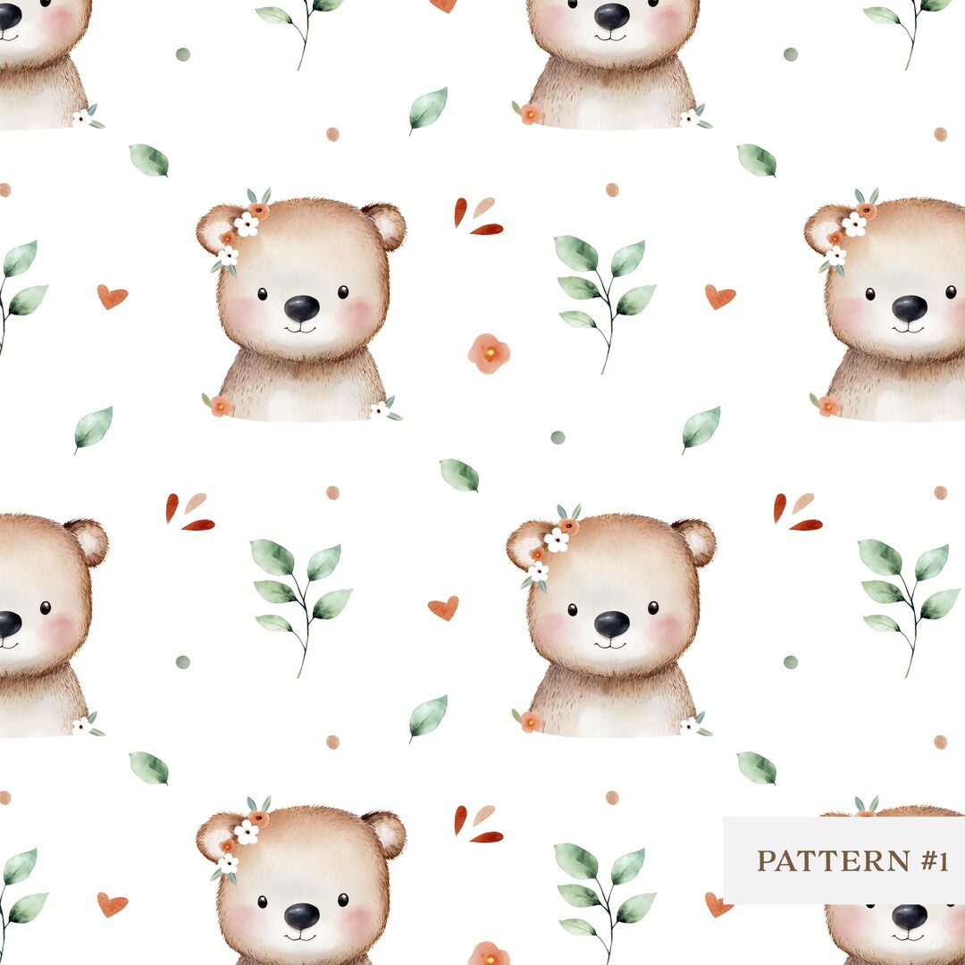 Seamless Watercolor Bear Pattern, Cute Teddy Bear Digital Paper, Baby ...