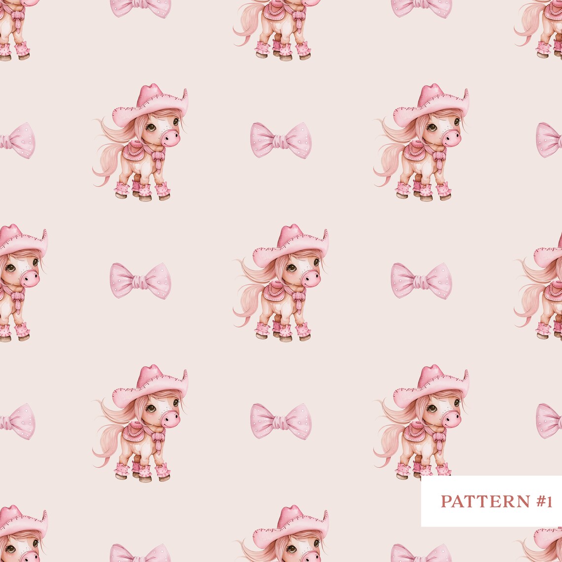 Pony Cowgirl Seamless Pattern-cute Watercolor Pattern-digital Paper ...