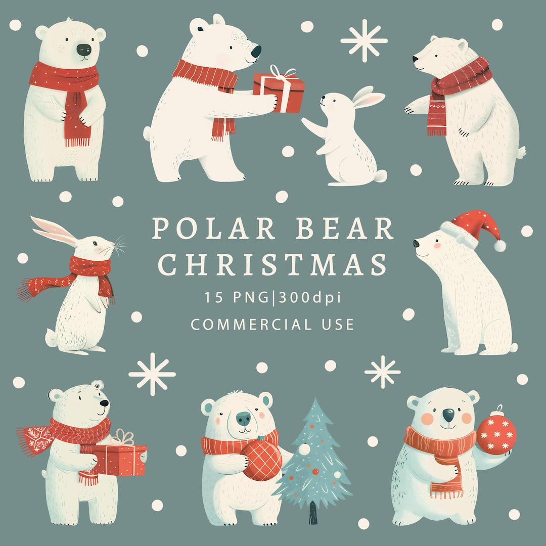 Christmas Polar Bear and Bunny Clipart-arctic Animals Set-winter ...