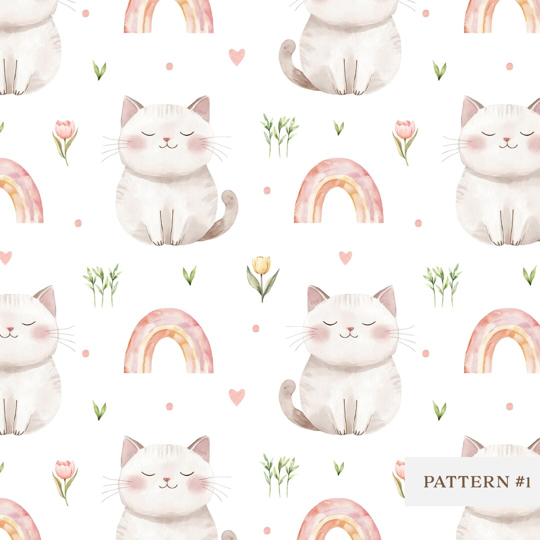 Cute Watercolor Cat Seamless Pattern, Rainbow Floral Digital Paper ...