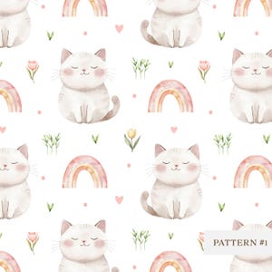 Cute Watercolor Cat Seamless Pattern, Rainbow Floral Digital Paper ...