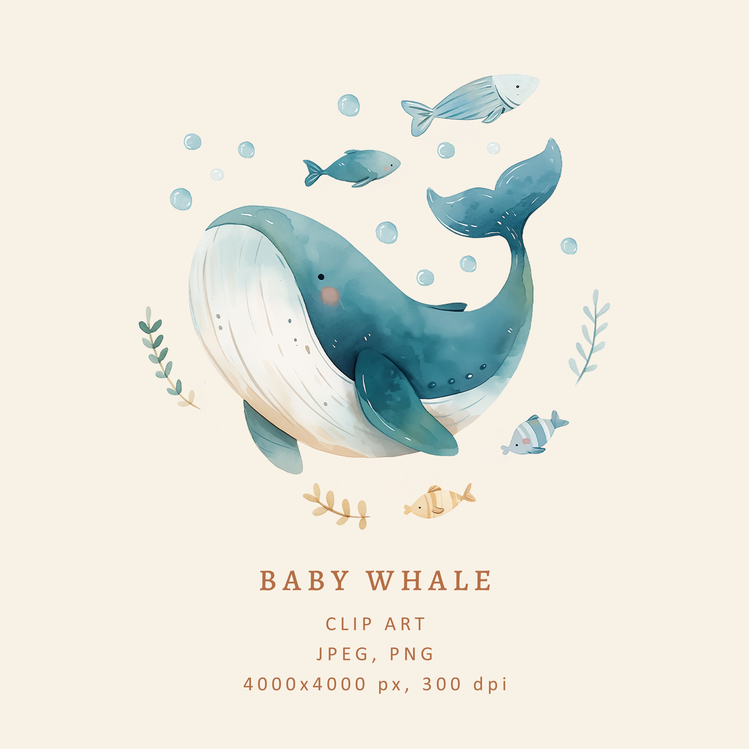 Whale Clip Art-nautical Watercolor Illustration-baby Nursery Clipart ...
