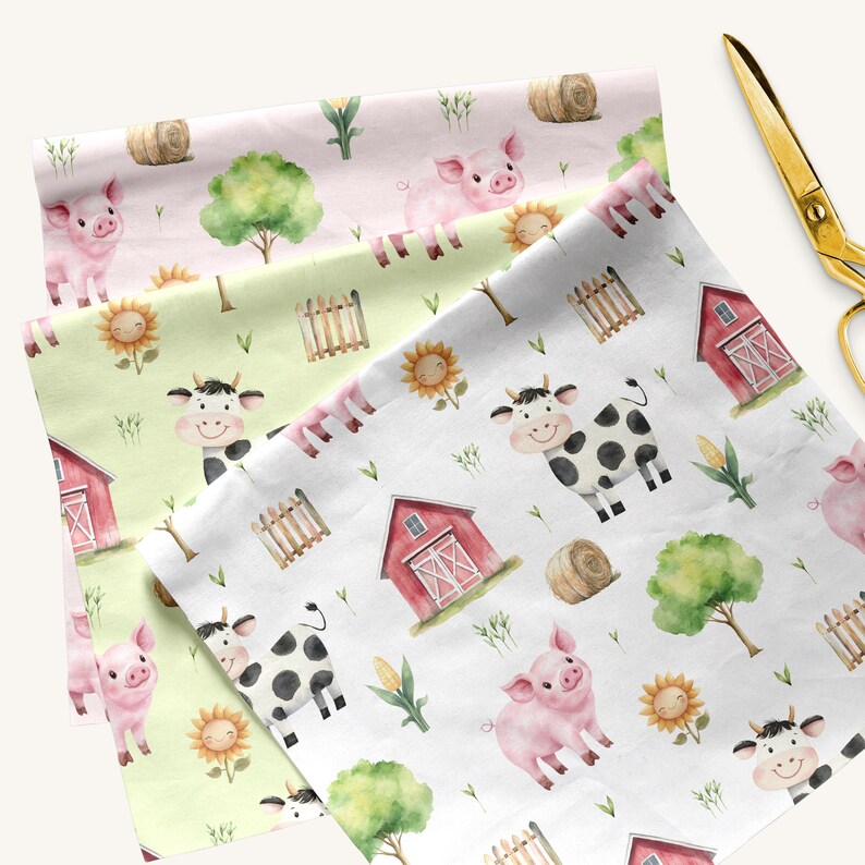 Watercolor Farm Animals Digital Paper, Cow and Pig Seamless Pattern ...