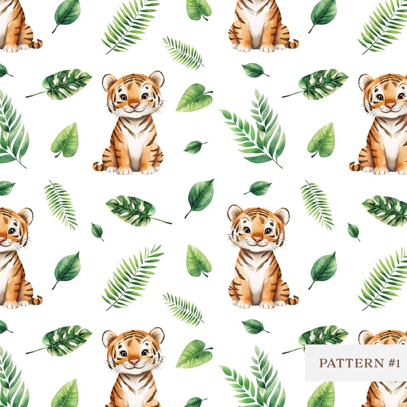Seamless Tiger Cub Pattern, Green Leaf Pattern, Jungle Animal Digital ...