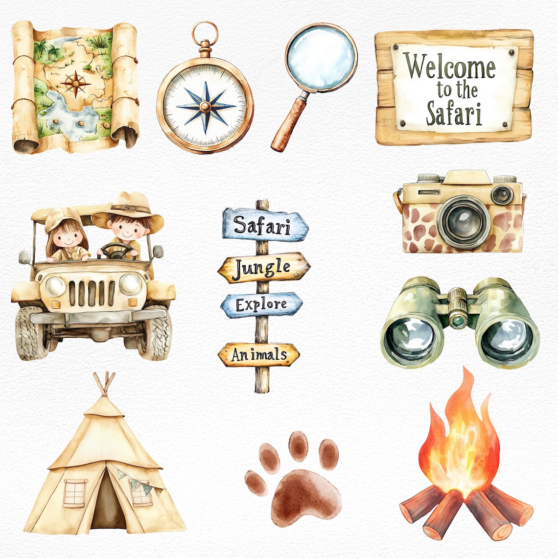 Watercolor Safari Clipart Bundle PNG, Jungle Animals, Nature Elements ...