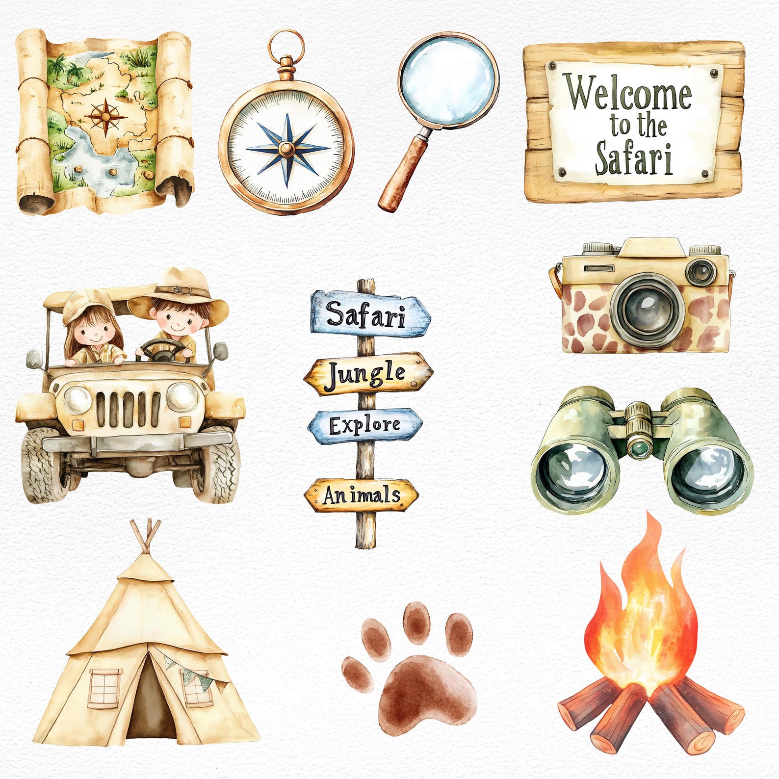 Watercolor Safari Clipart Bundle PNG, Jungle Animals, Nature Elements ...