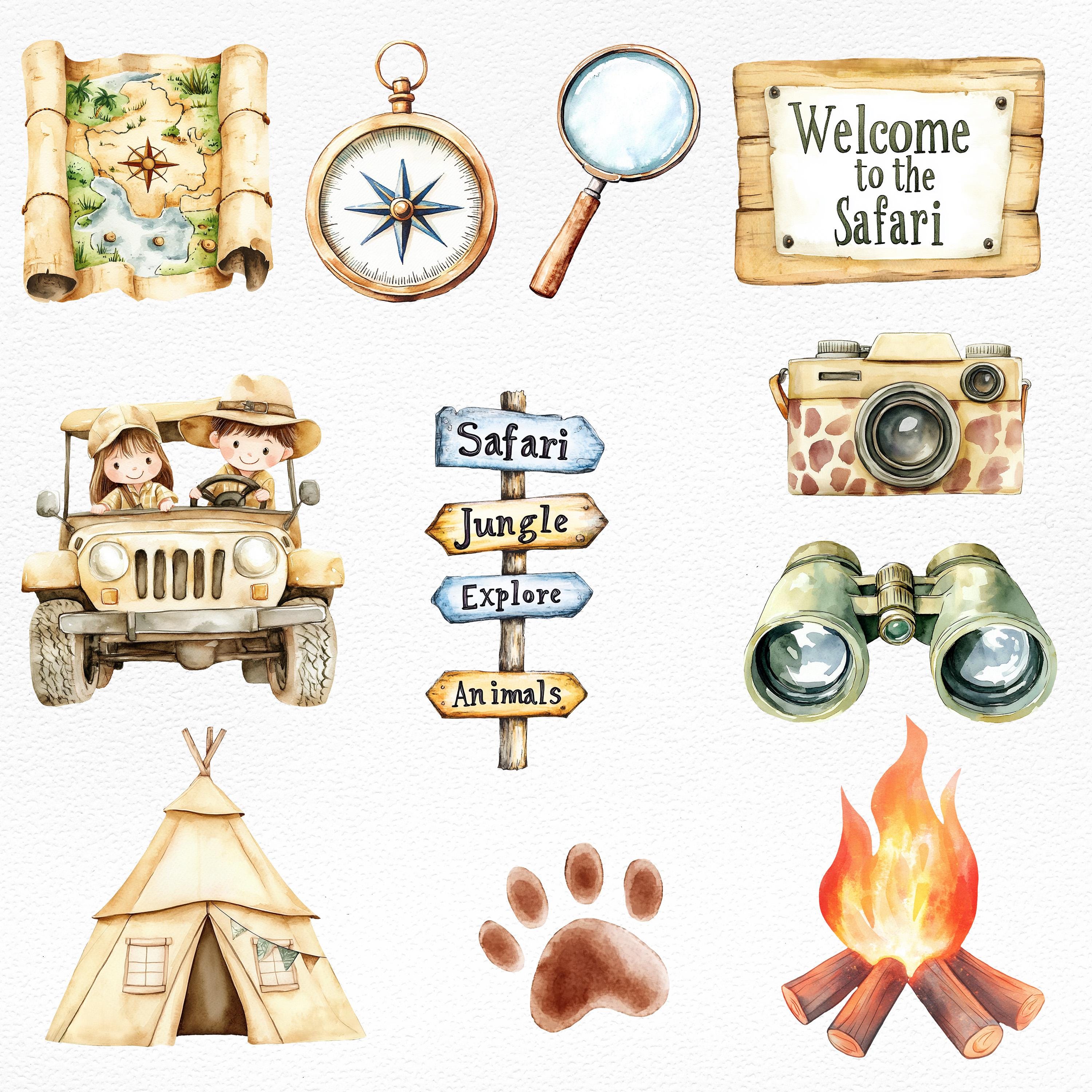 Watercolor Safari Clipart Bundle PNG, Jungle Animals, Nature Elements ...