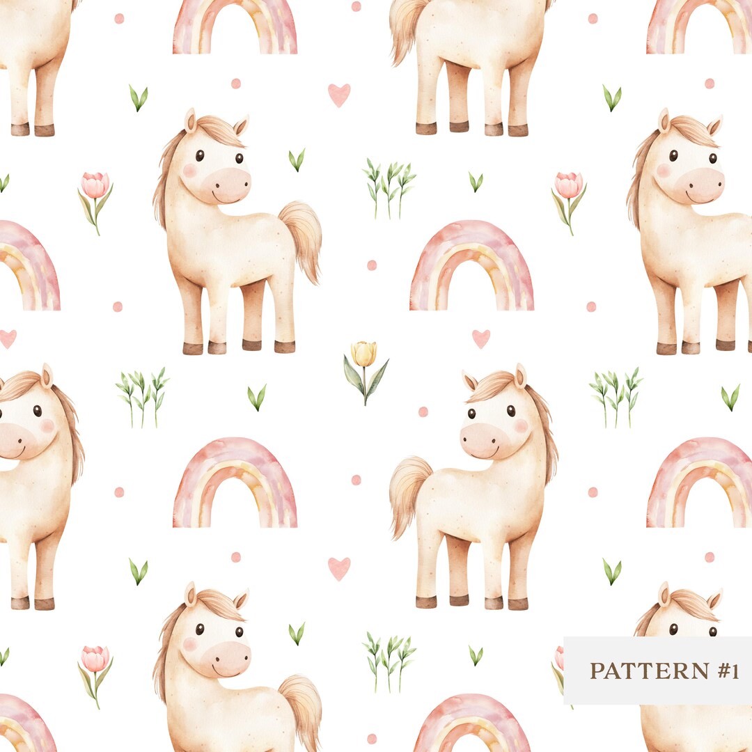 Watercolor Horse Seamless Pattern, Cute Farm Animal Digital Paper, Baby ...