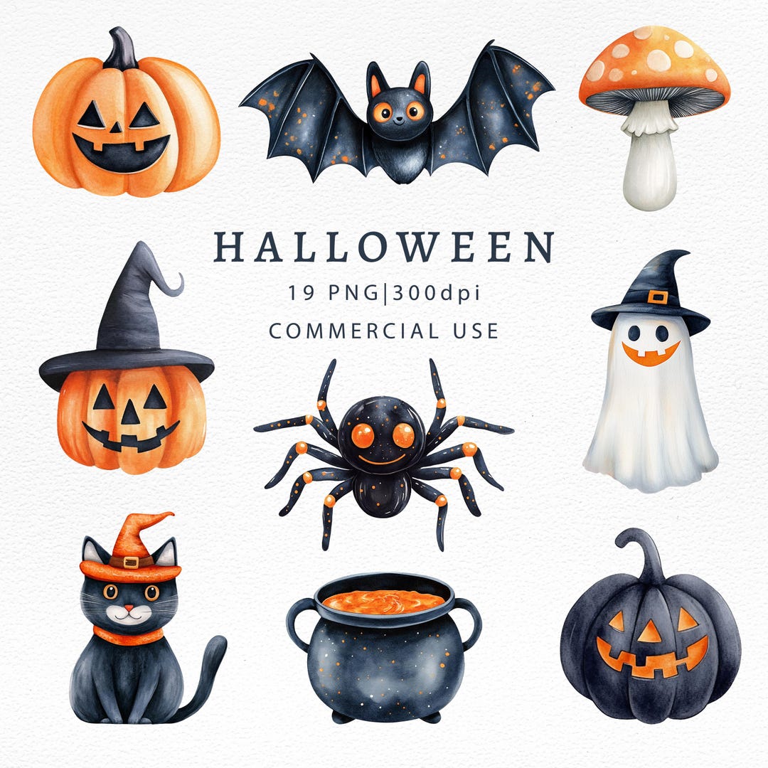 Halloween Clipart PNG Set-watercolour Clipart-cute Halloween Decoration ...