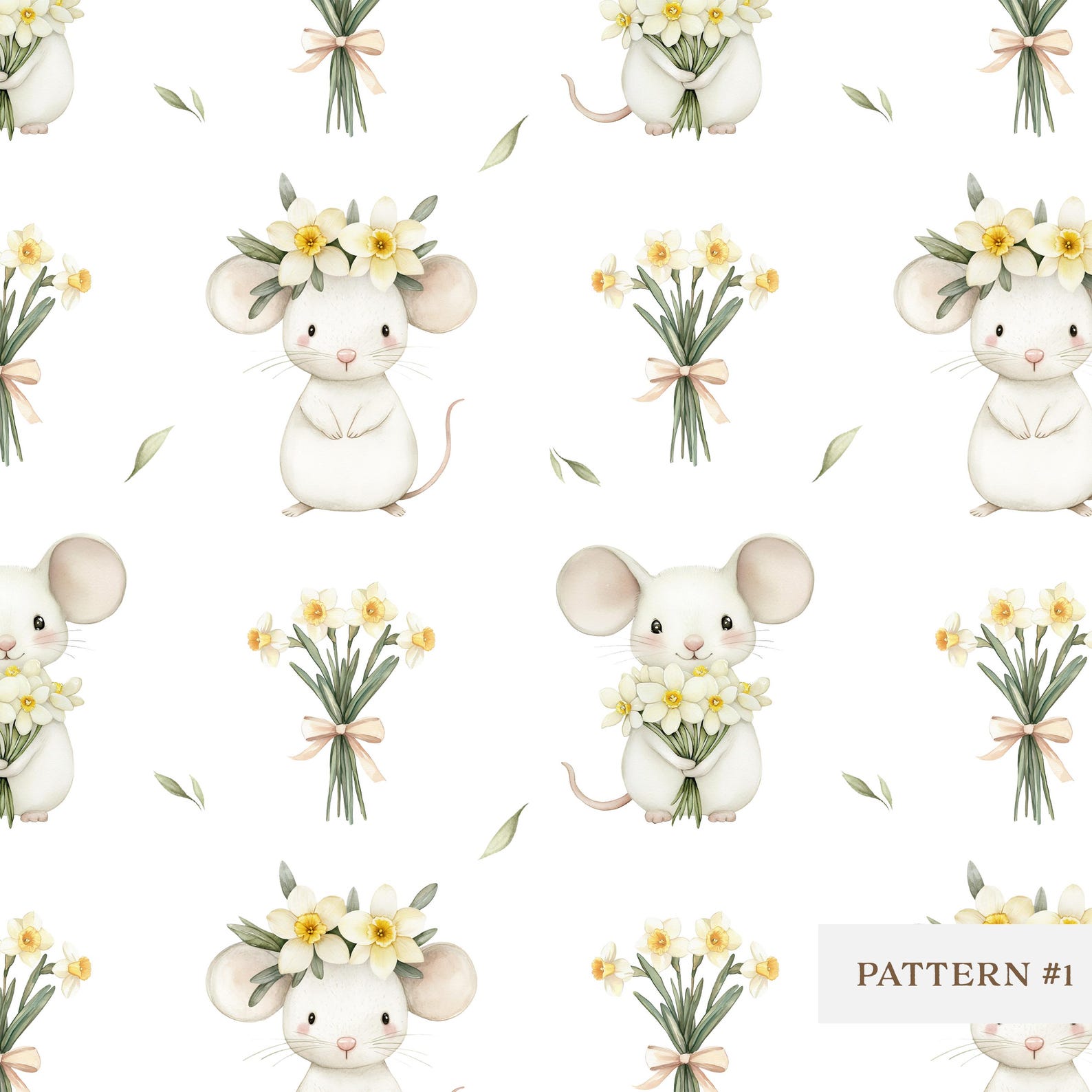 Watercolor Mouse Seamless Pattern, Cute Floral Mice Fabric, Digital ...