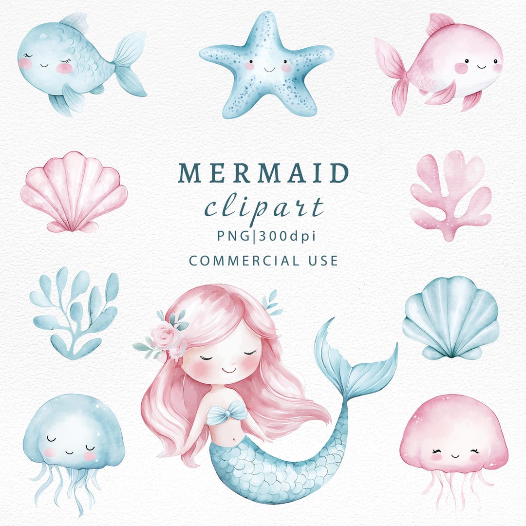 Cute Mermaid Clipart Bundle, Watercolor Mermaid Friends PNG Set, Cute ...