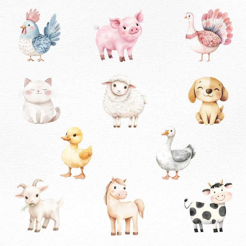 Watercolor Farm Clipart Bundle, Cute Farm Animals PNG, Kids Farmers ...