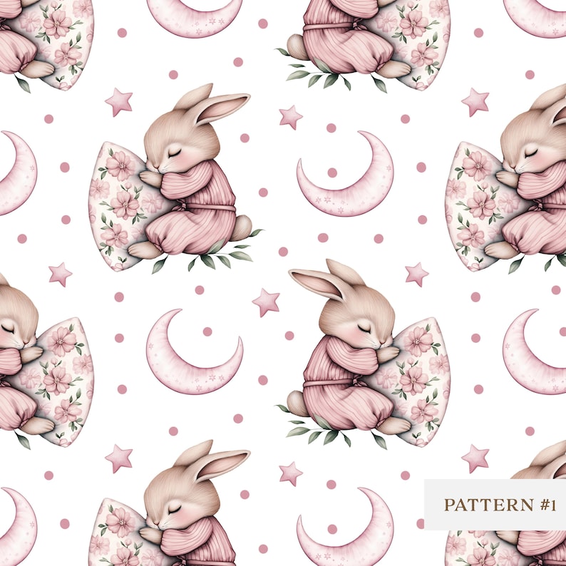 Cute Watercolor Sleeping Bunny Seamless Pattern, Sleepy Rabbit Pattern ...