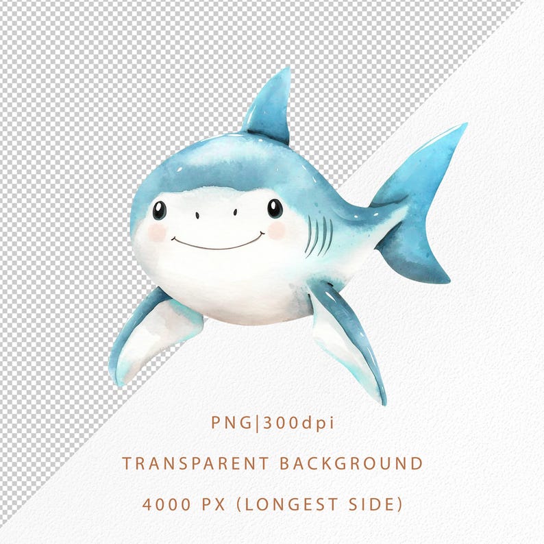 Watercolor Cute Shark Clipart – Baby Shark PNG for Kids Party Decor ...