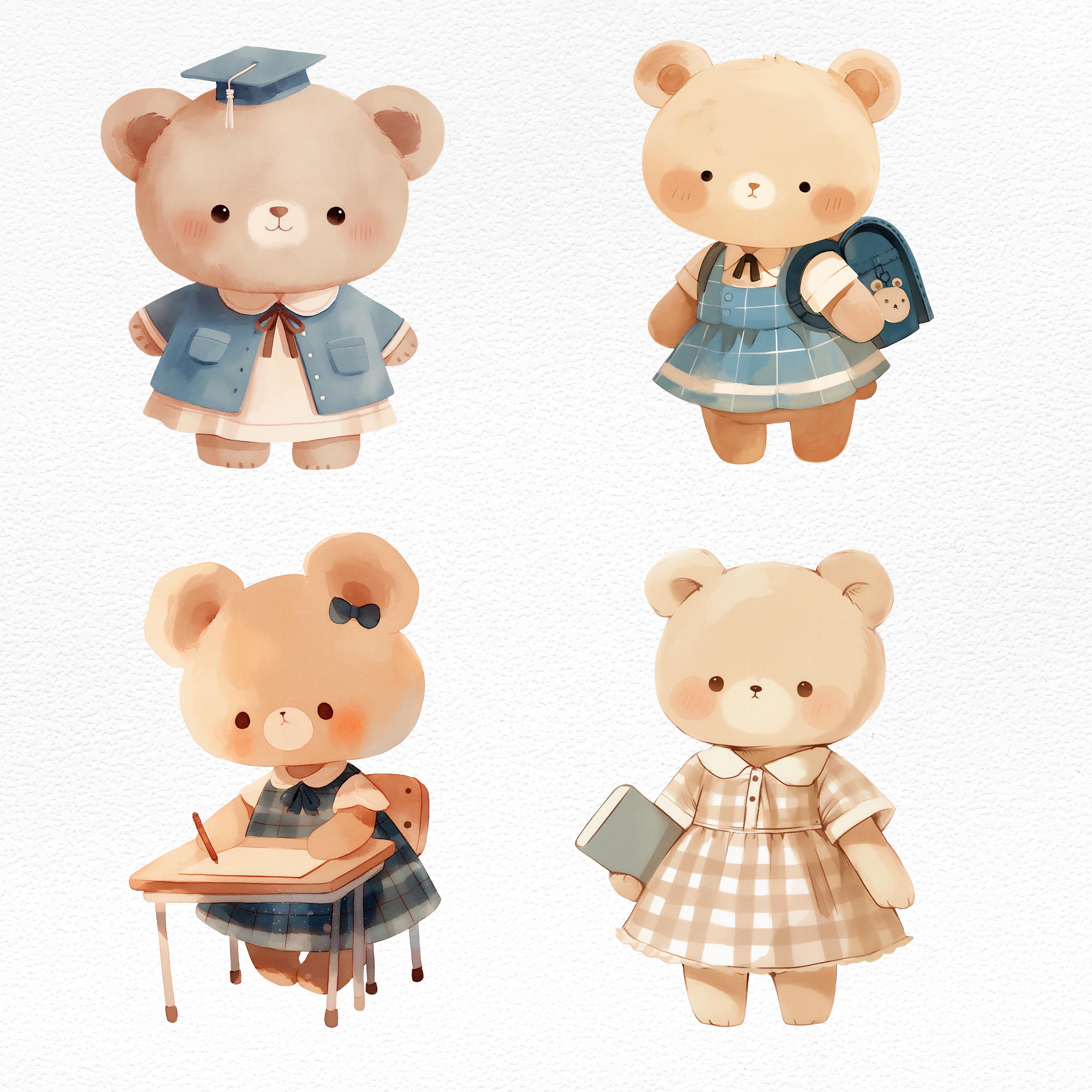 Watercolor Bear Back to School Clipart-cute Teddy Bear Girl-baby Shower ...