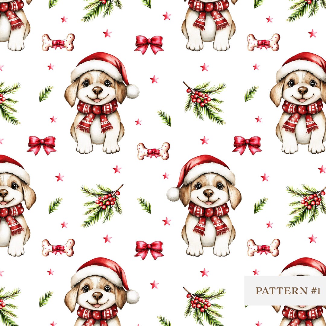 Cute Christmas Puppy Seamless Pattern, Holiday Dog Digital Paper ...