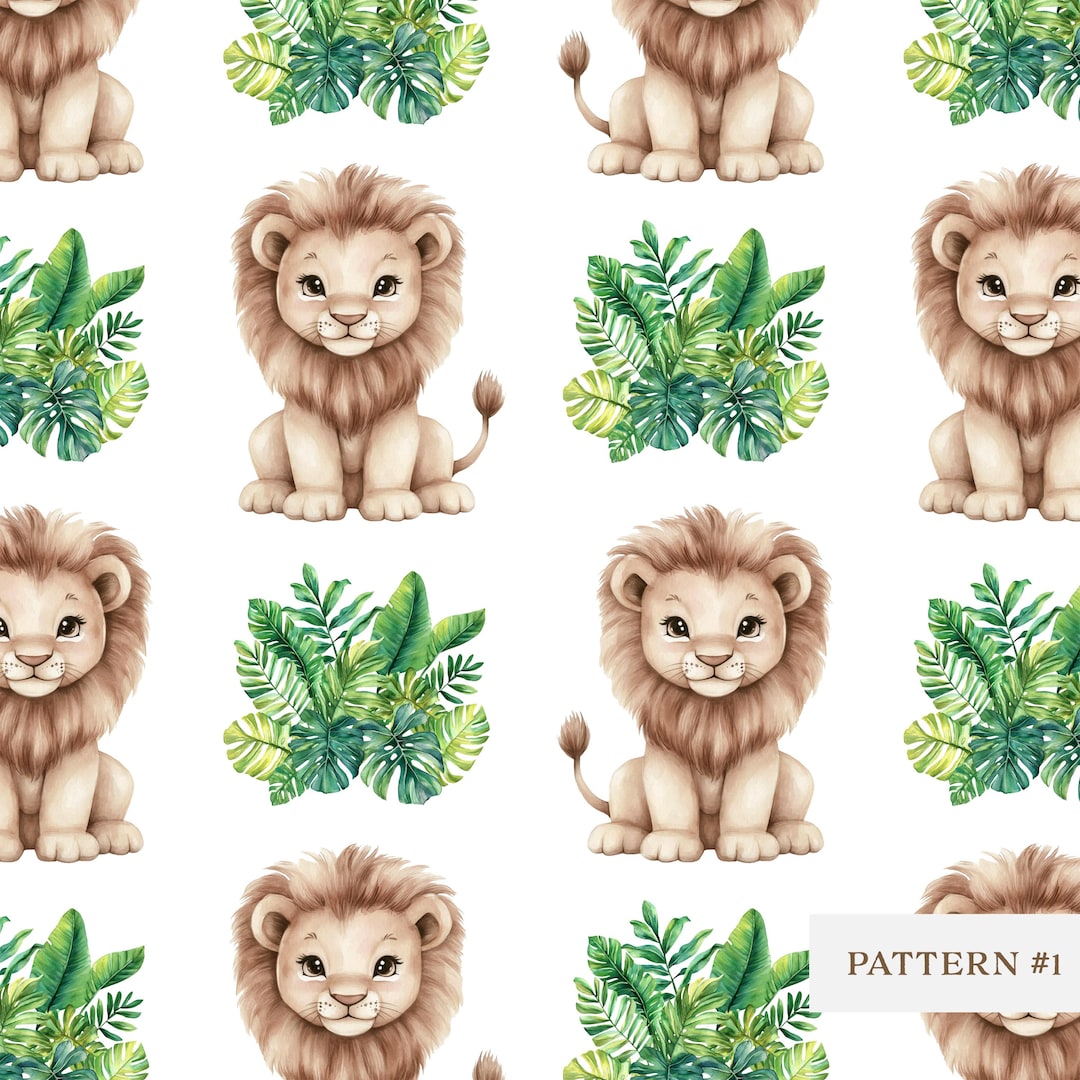Cute Lion Jungle Seamless Pattern, Digital Seamless Safari Art for ...