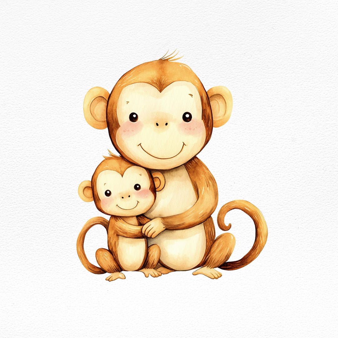 Cute Mama & Baby Monkey Clipart | Jungle Animal Hug Illustration ...