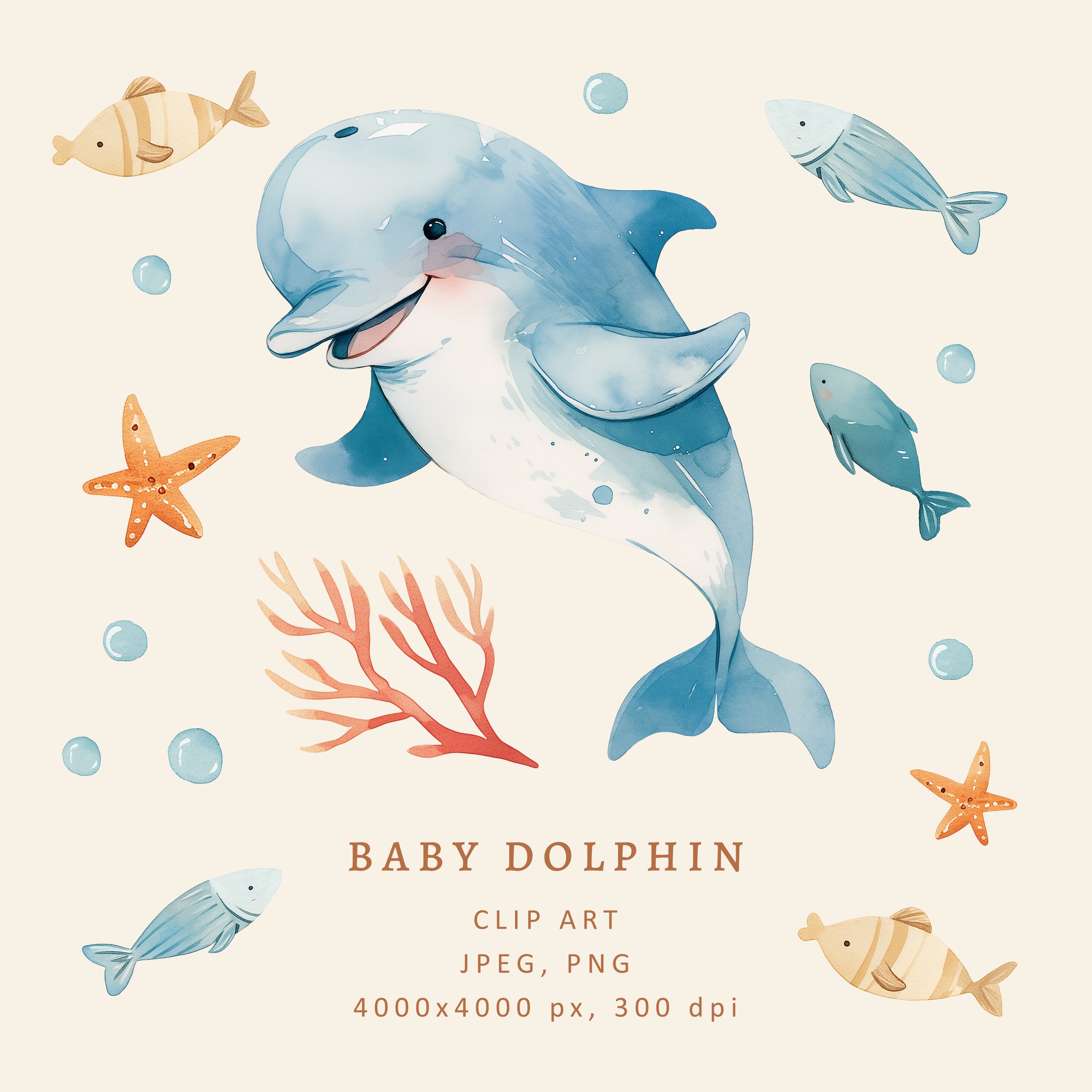 Dolphin Clip Art-nautical Watercolor Illustration-baby Nursery Clipart ...