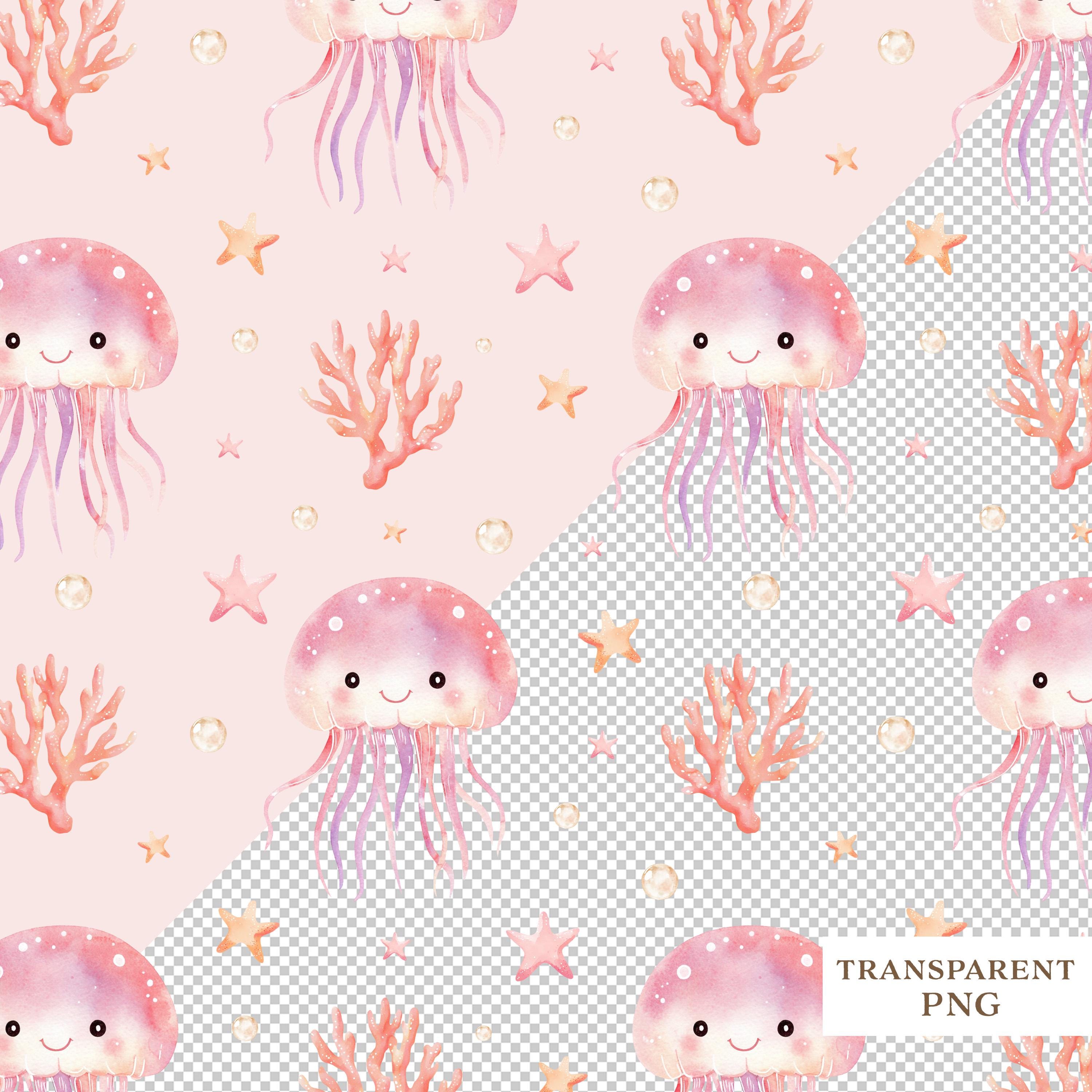 Watercolor Jellyfish Seamless Pattern, Cute Ocean Sea Life Digital ...
