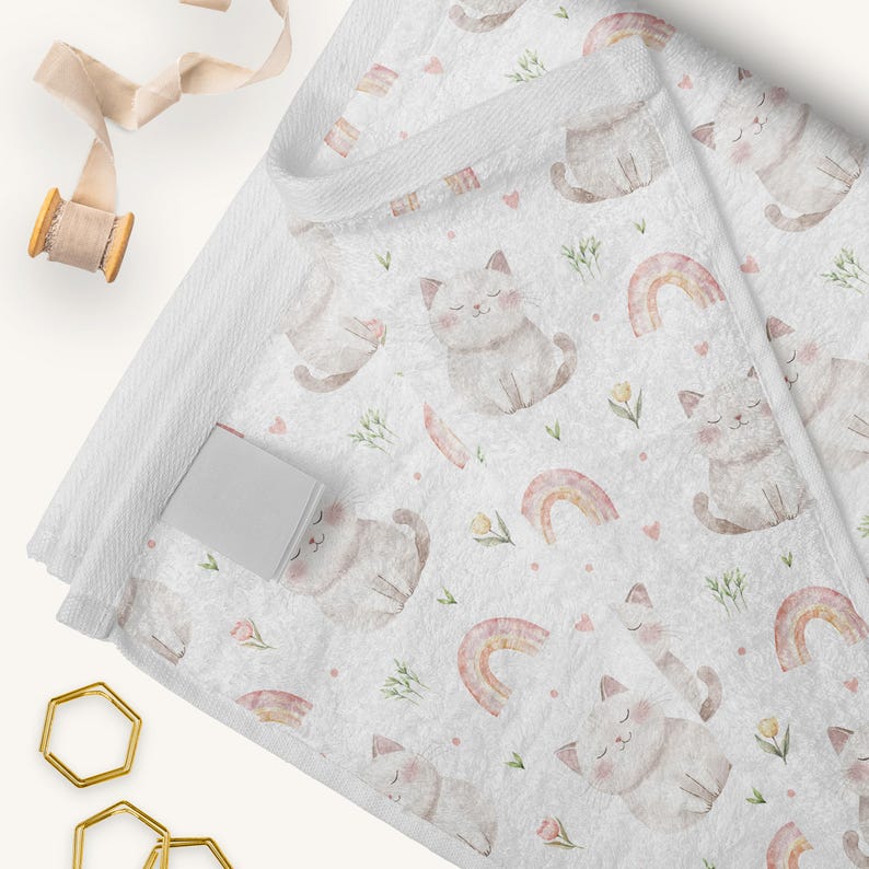 Cute Watercolor Cat Seamless Pattern, Rainbow Floral Digital Paper ...