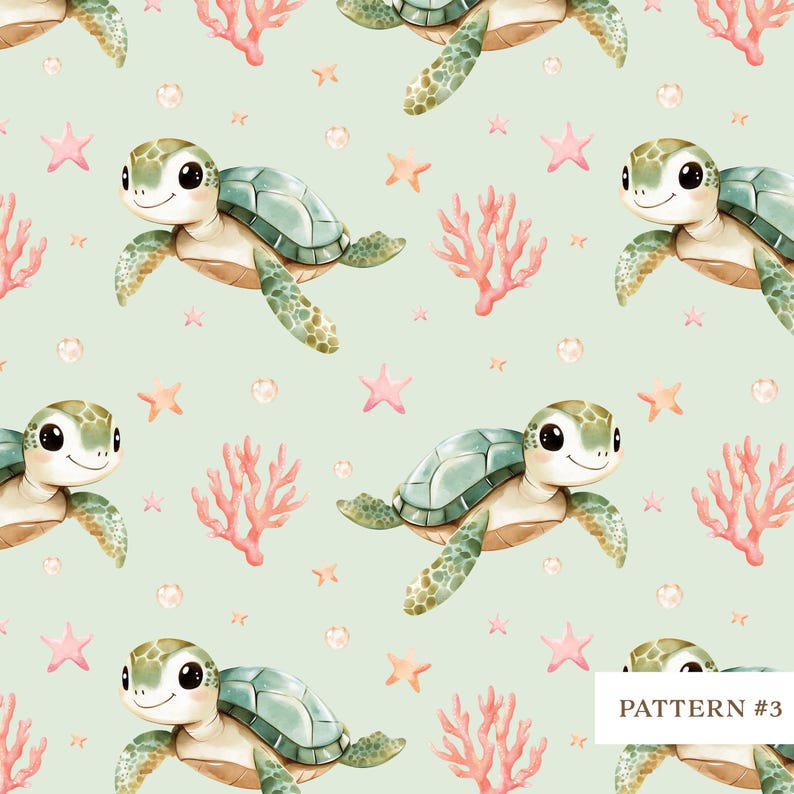 Seamless Sea Turtle Pattern, Cute Ocean Baby Animals, Watercolor Marine ...