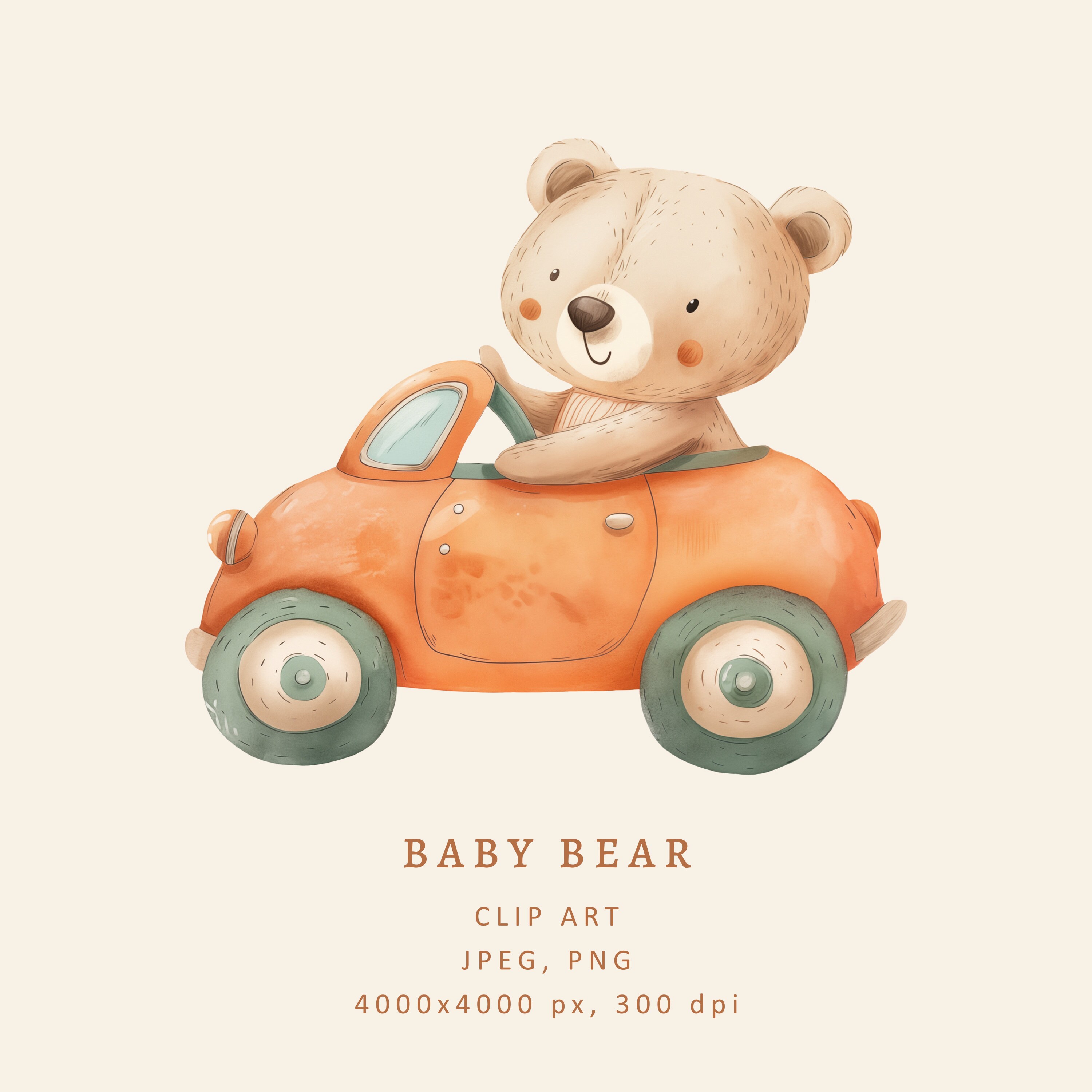 Bear Riding a Car Clip Art-bear Watercolor Illustration-animal Clipart ...