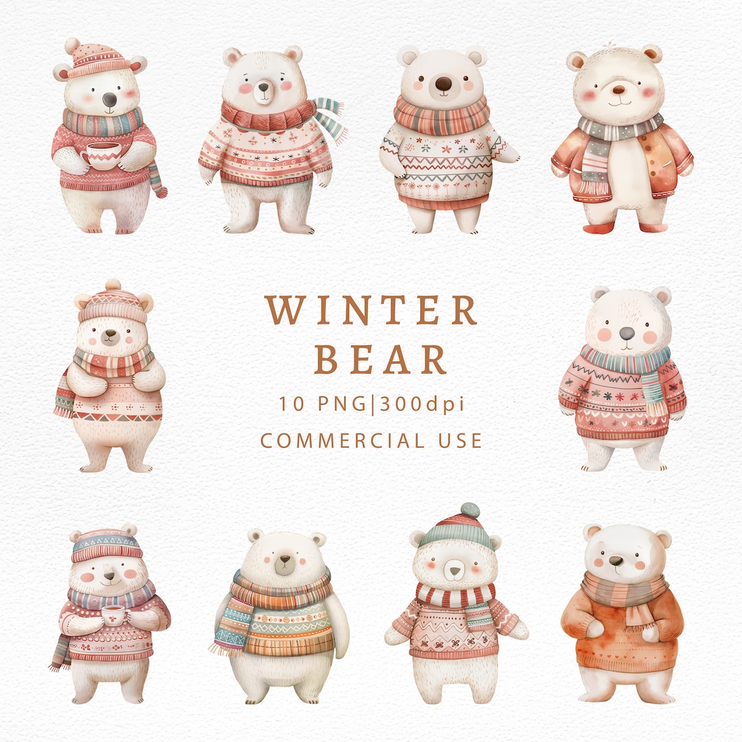 Watercolor Cute Polar Bears Clipart-commercial Use Clip Art-watercolor ...