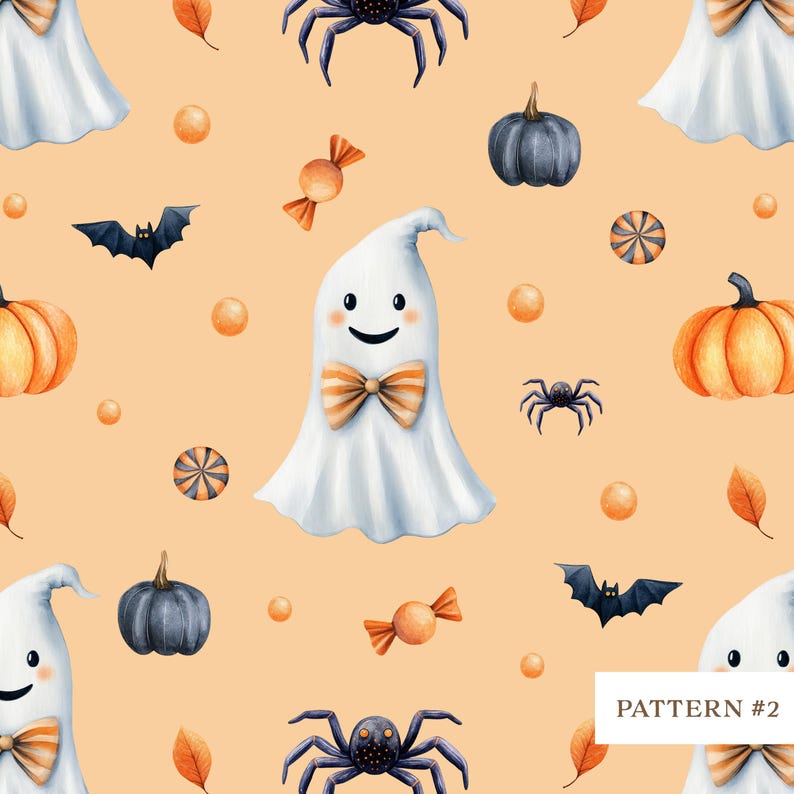 Cute Ghosts Seamless Pattern-pumpkins-spider-bat-halloween Spooky ...