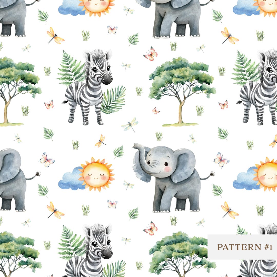 Safari Animal Seamless Pattern, Watercolor Elephant and Zebra Digital ...
