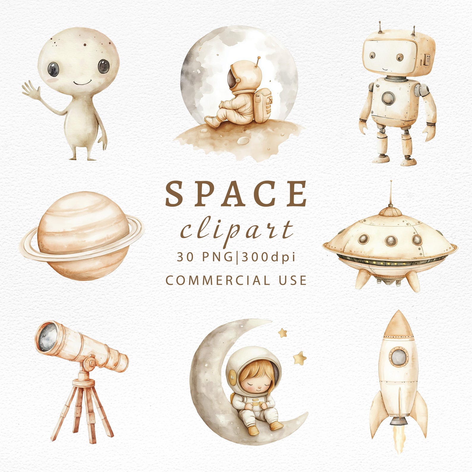 Watercolor Space Clipart Set PNG, Cute Astronauts, Robot, Alien ...