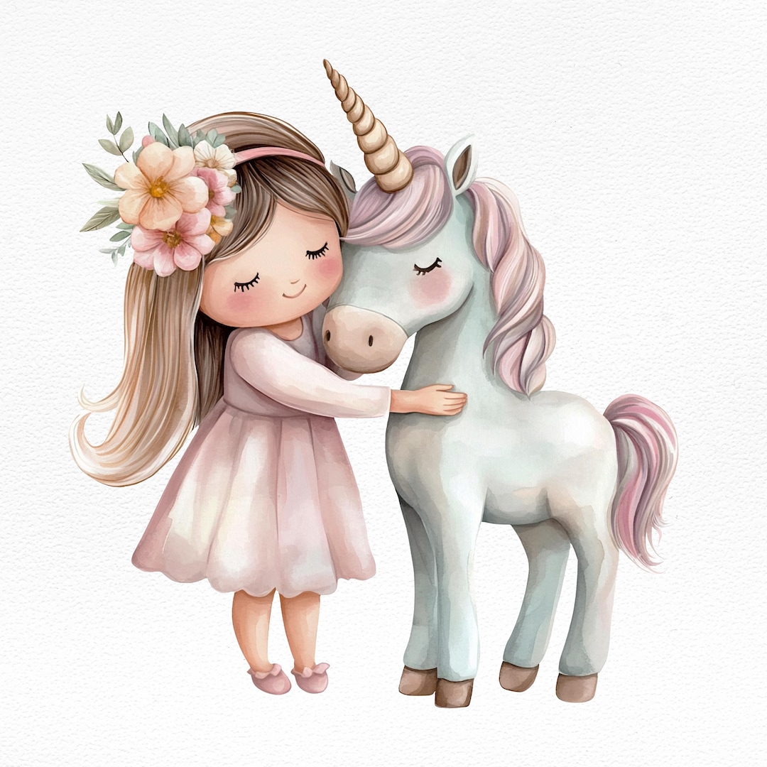 Girl and Unicorn Clipart PNG, Magical Digital Download, Nursery Art ...
