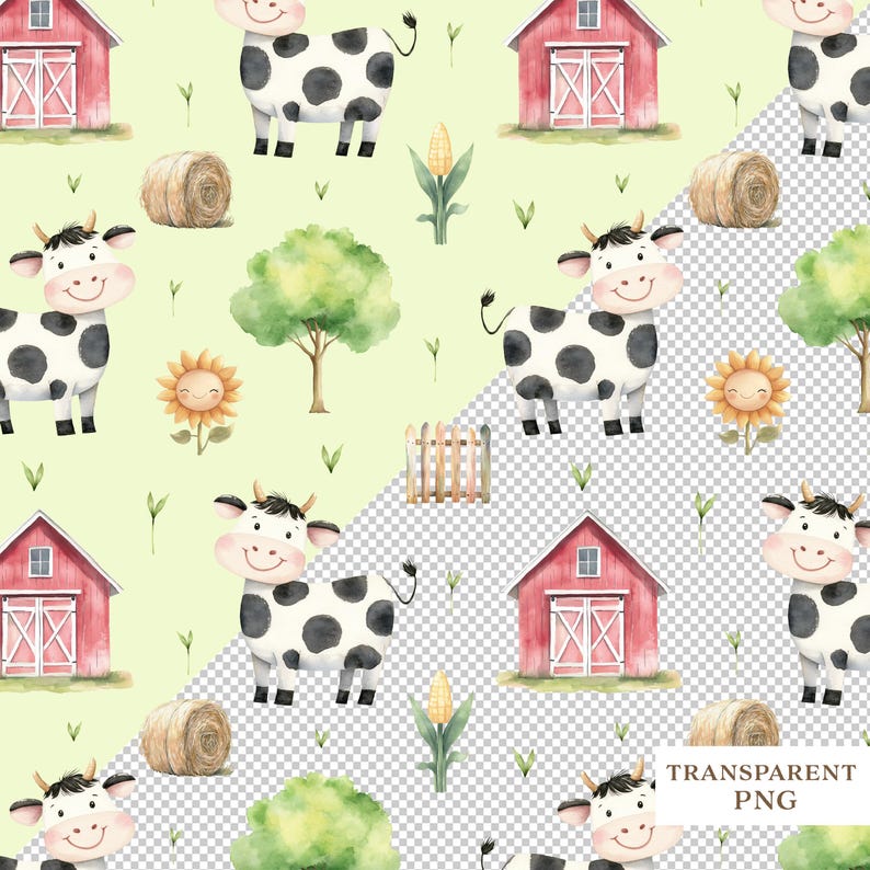 Farm Animal Seamless Pattern PNG, Watercolor Cow Seamless Digital Paper ...