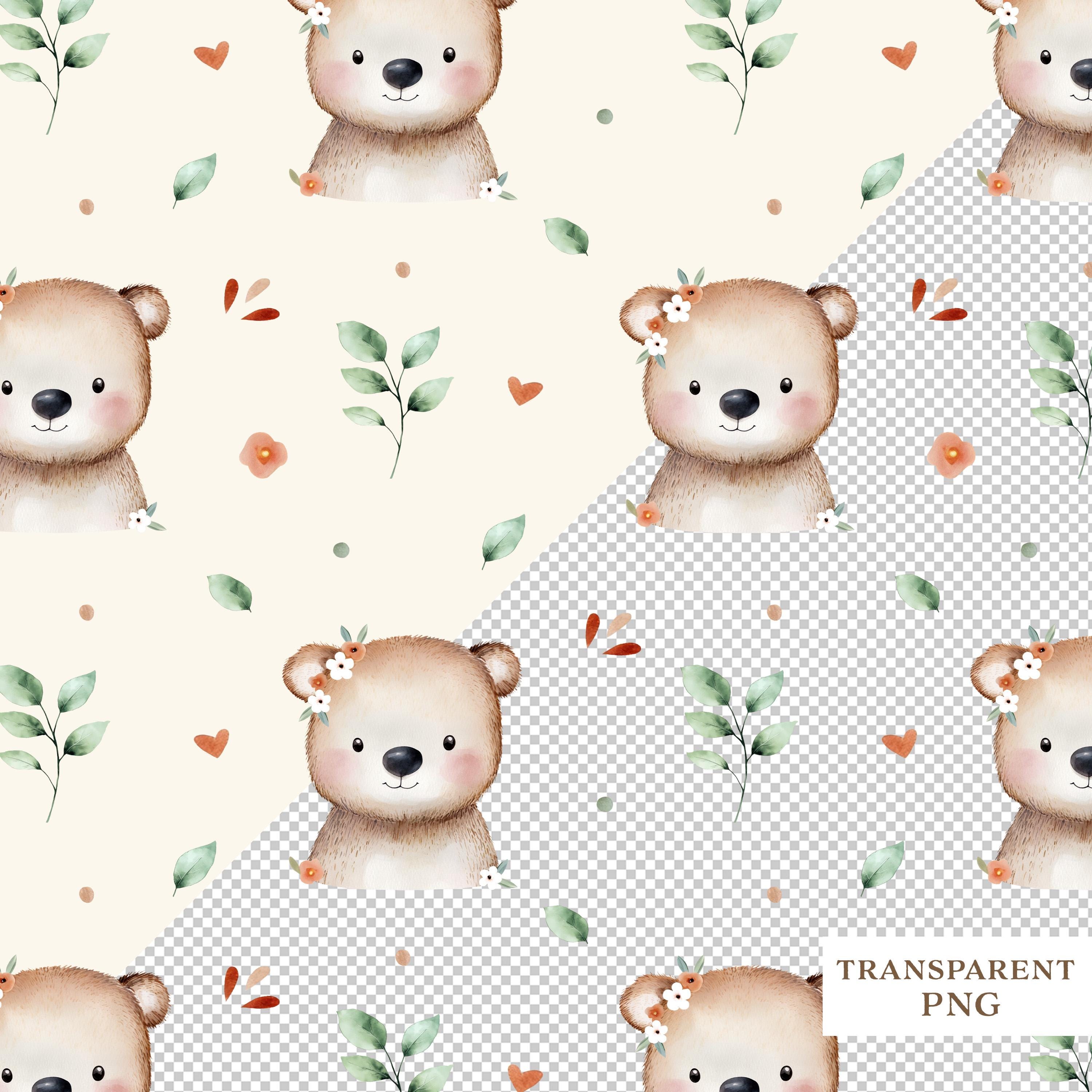 Seamless Watercolor Bear Pattern, Cute Teddy Bear Digital Paper, Baby ...
