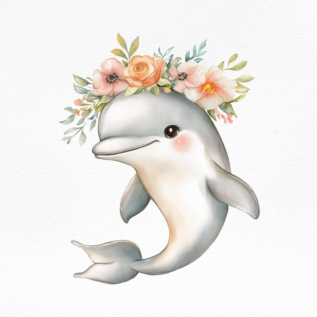 Floral Dolphin Clipart PNG, Cute Watercolor Dolphin With Flower Crown ...
