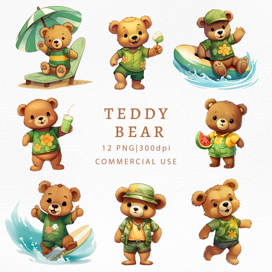 Teddy Bear Summer Clipart-baby Shower Clipart-watercolor Teddy Bear ...