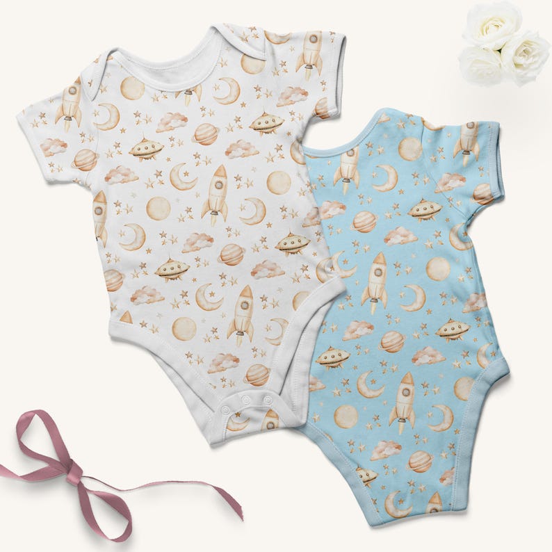 Seamless Watercolor Space Pattern, Rocket, UFO, Moon, Stars, Clouds ...