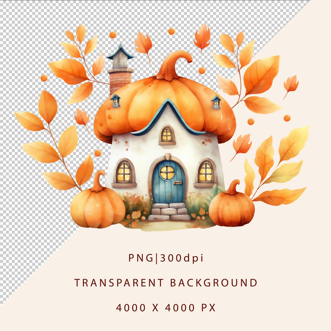 Halloween Pumpkin House Clipart Png-watercolor Gourds-autumn Festive ...
