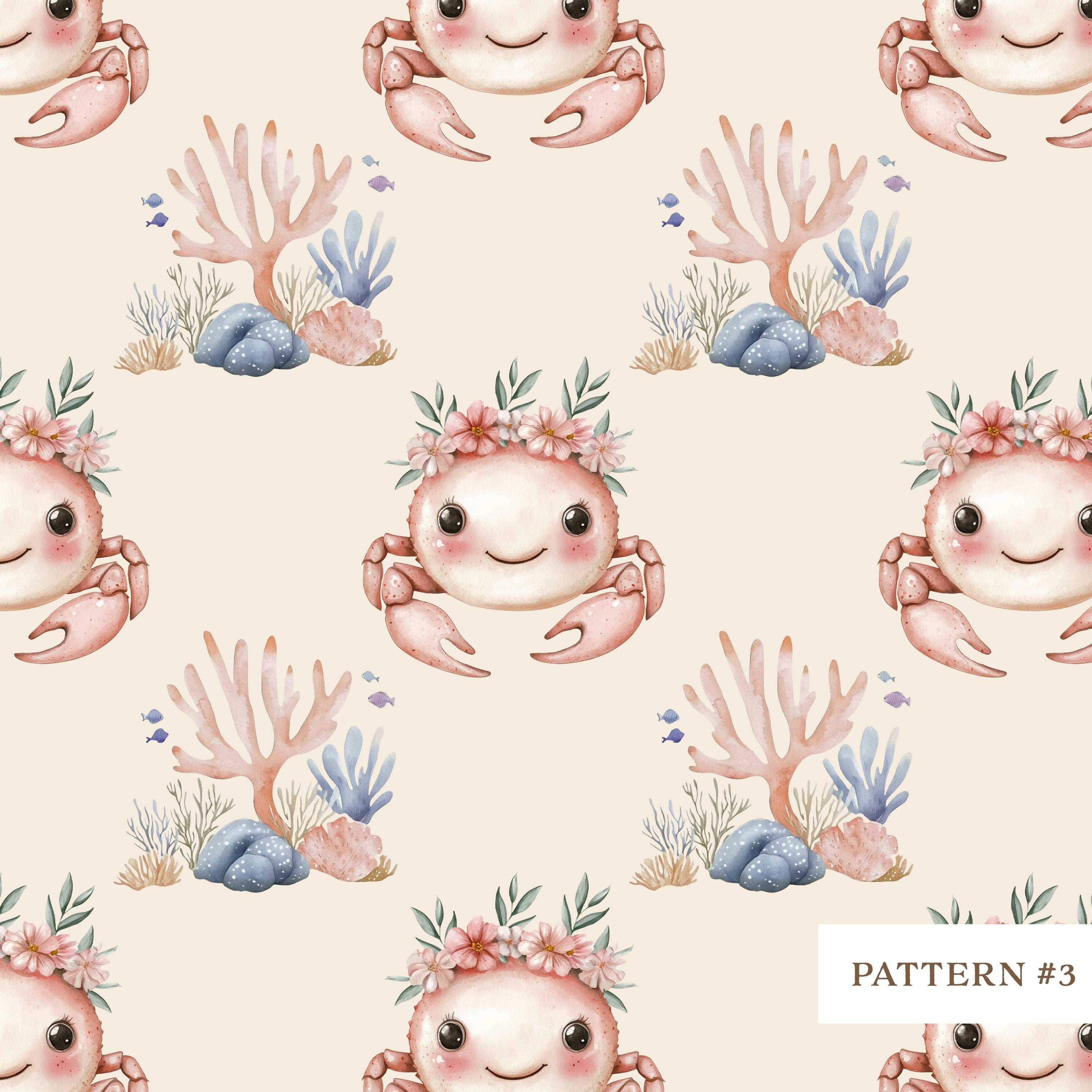 Watercolor Crab, Coral Seamless Pattern, Ocean Animal Repeating Pattern ...