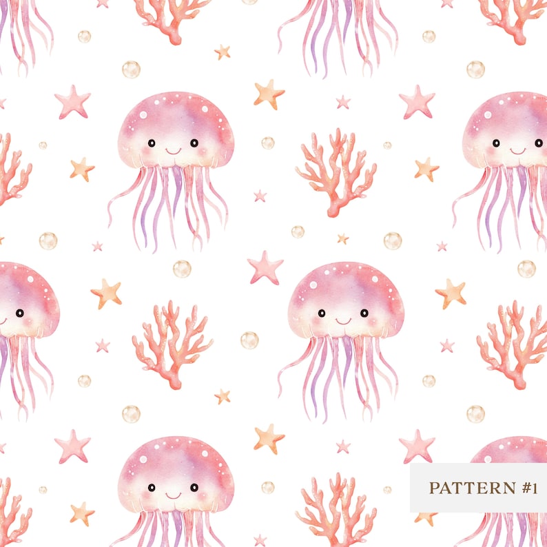 Watercolor Jellyfish Seamless Pattern, Cute Ocean Sea Life Digital ...