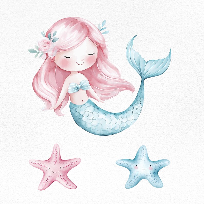 Cute Mermaid Clipart Bundle, Watercolor Mermaid Friends PNG Set, Cute ...