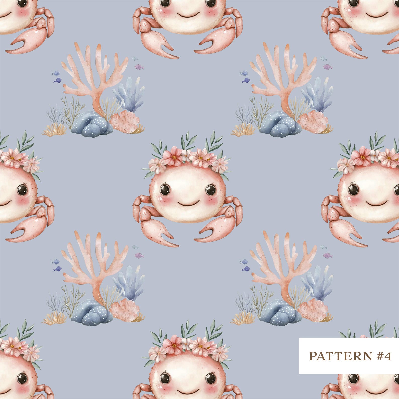 Watercolor Crab, Coral Seamless Pattern, Ocean Animal Repeating Pattern ...
