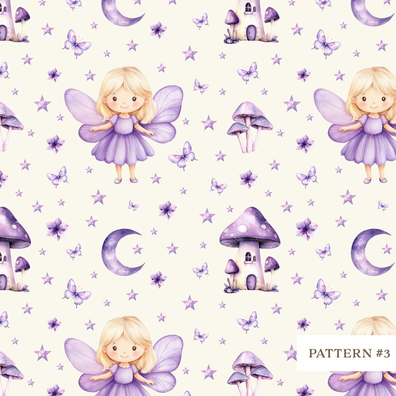 Purple Fairy Seamless Pattern, Cute Fairy Digital Paper, Watercolor ...
