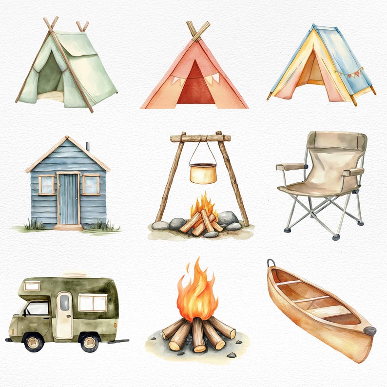 Watercolor Camping Clipart Bundle, Woodland Animals Digital Art, Forest ...