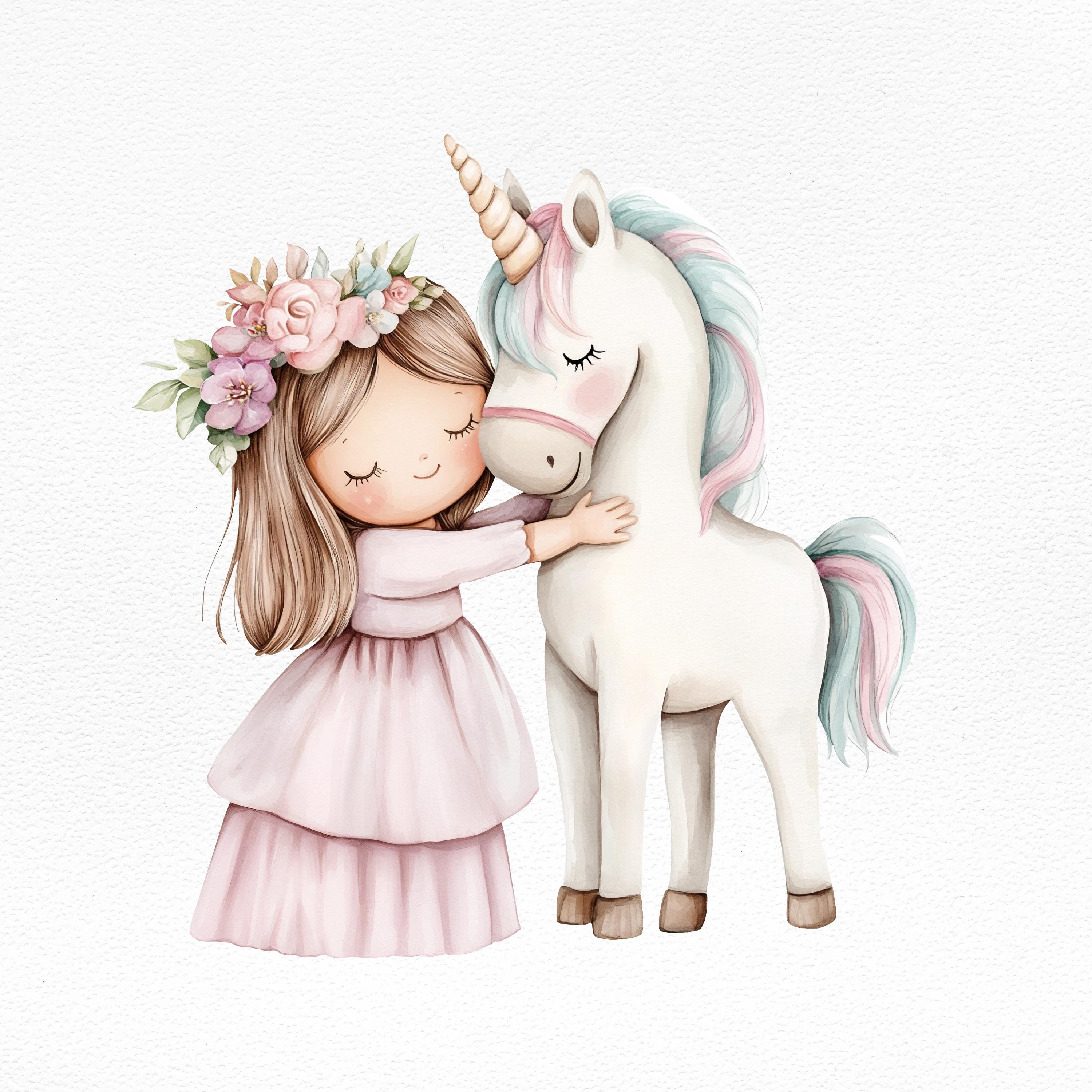 Girl and Unicorn Clipart PNG, Magical Digital Download, Nursery Art ...