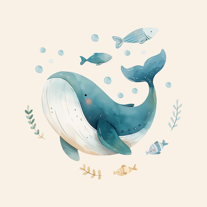 Whale Clip Art-nautical Watercolor Illustration-baby Nursery Clipart ...
